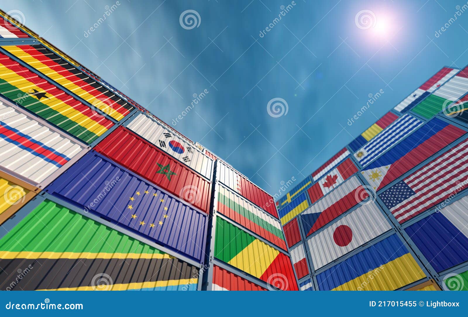 Container Terminal - Freight Container with Different National Flag ...