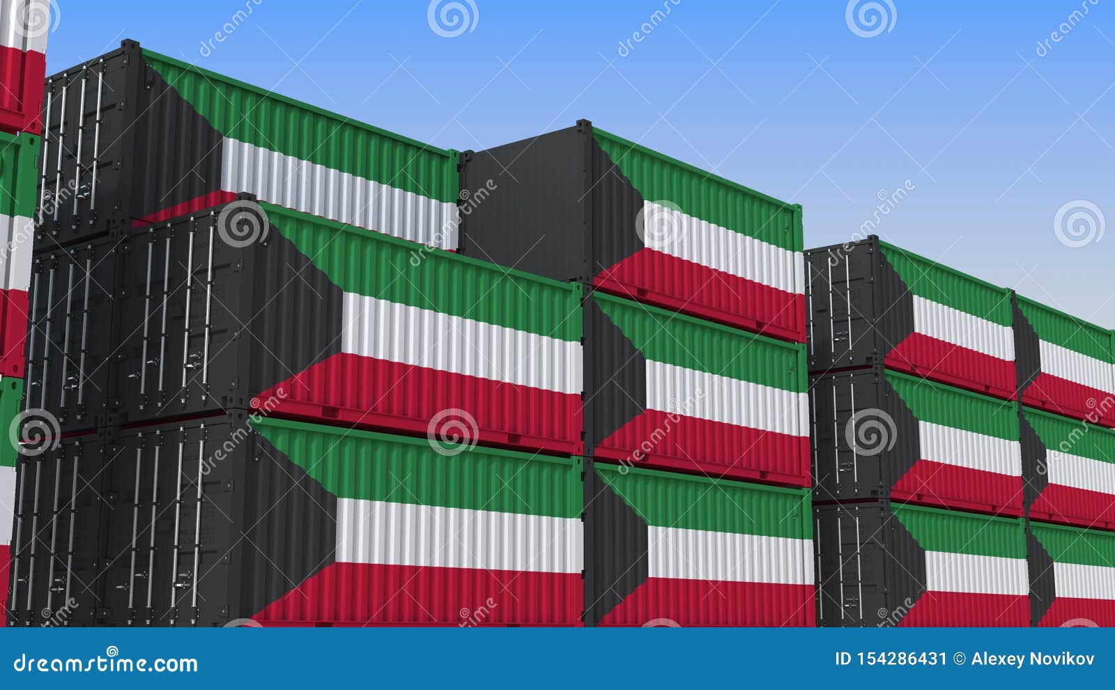 Container Terminal Full of Containers with Flag of Kuwait. Kuwaiti ...