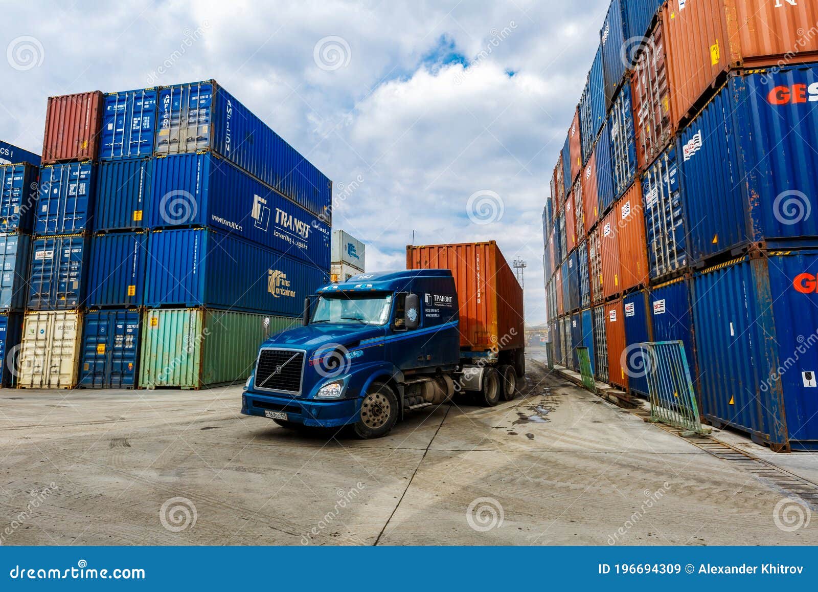 Summer, 2016 - Primorsky Krai, Russia - Container Terminal. a Lorry ...