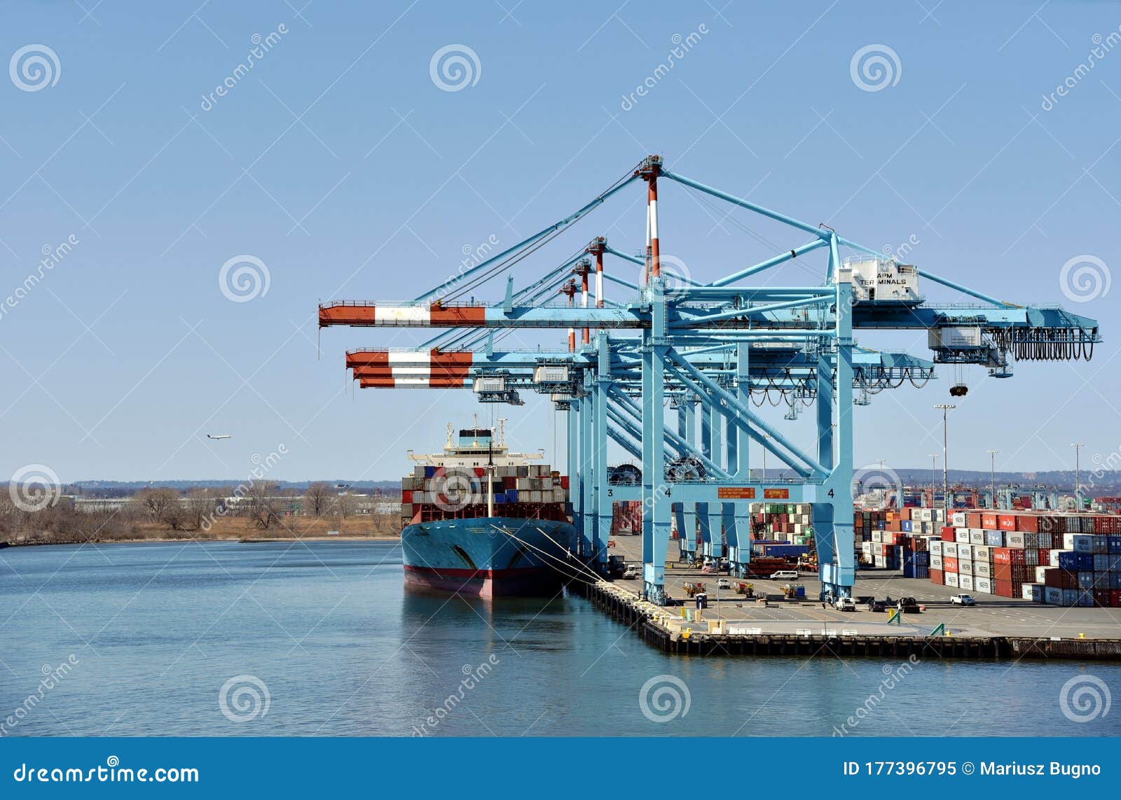 Container Terminal In Newark With Berthed Ship Owned By Maersk Line