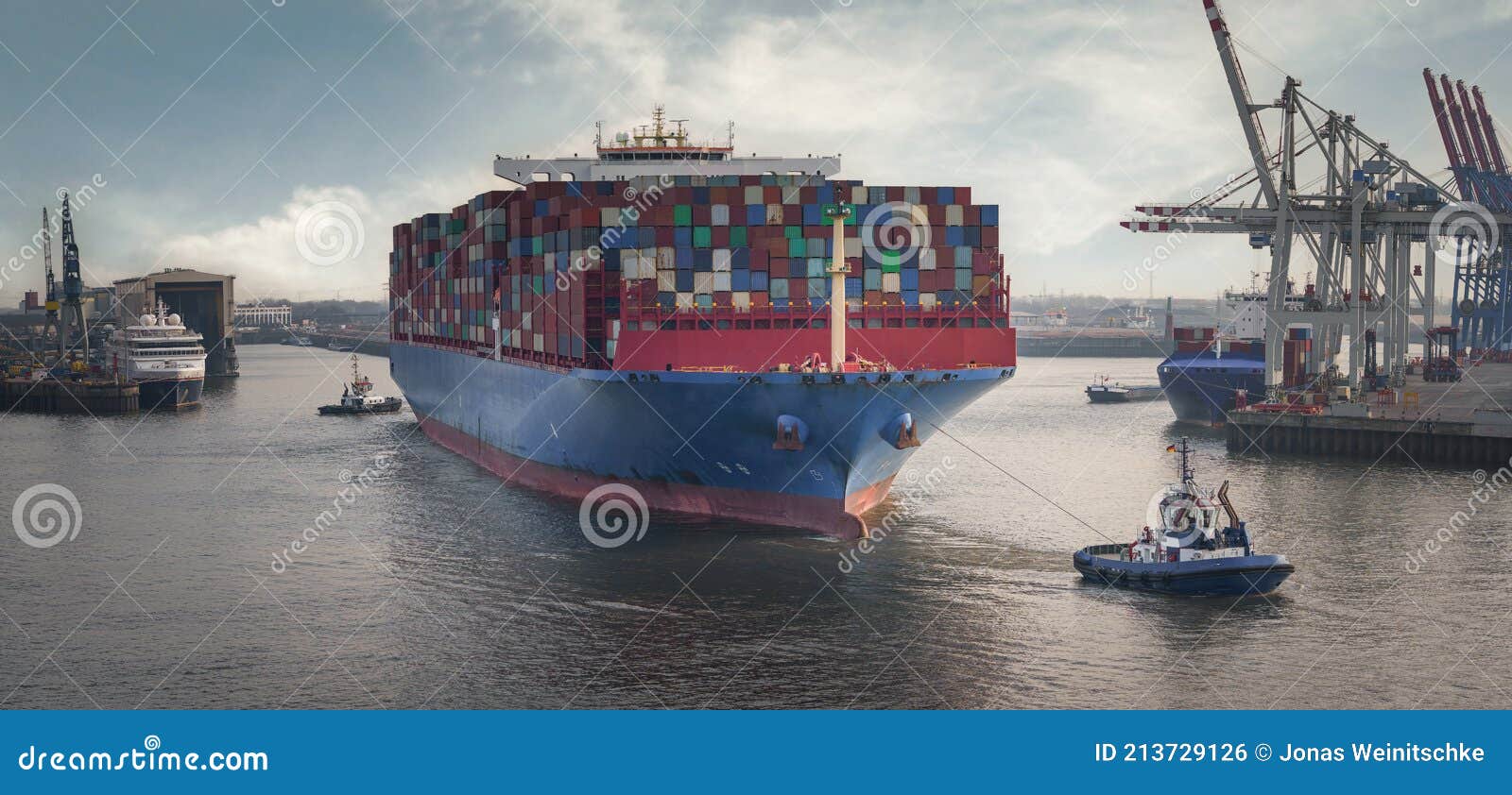 Container Terminal in the Port of Hamburg with Large Container Ship and ...