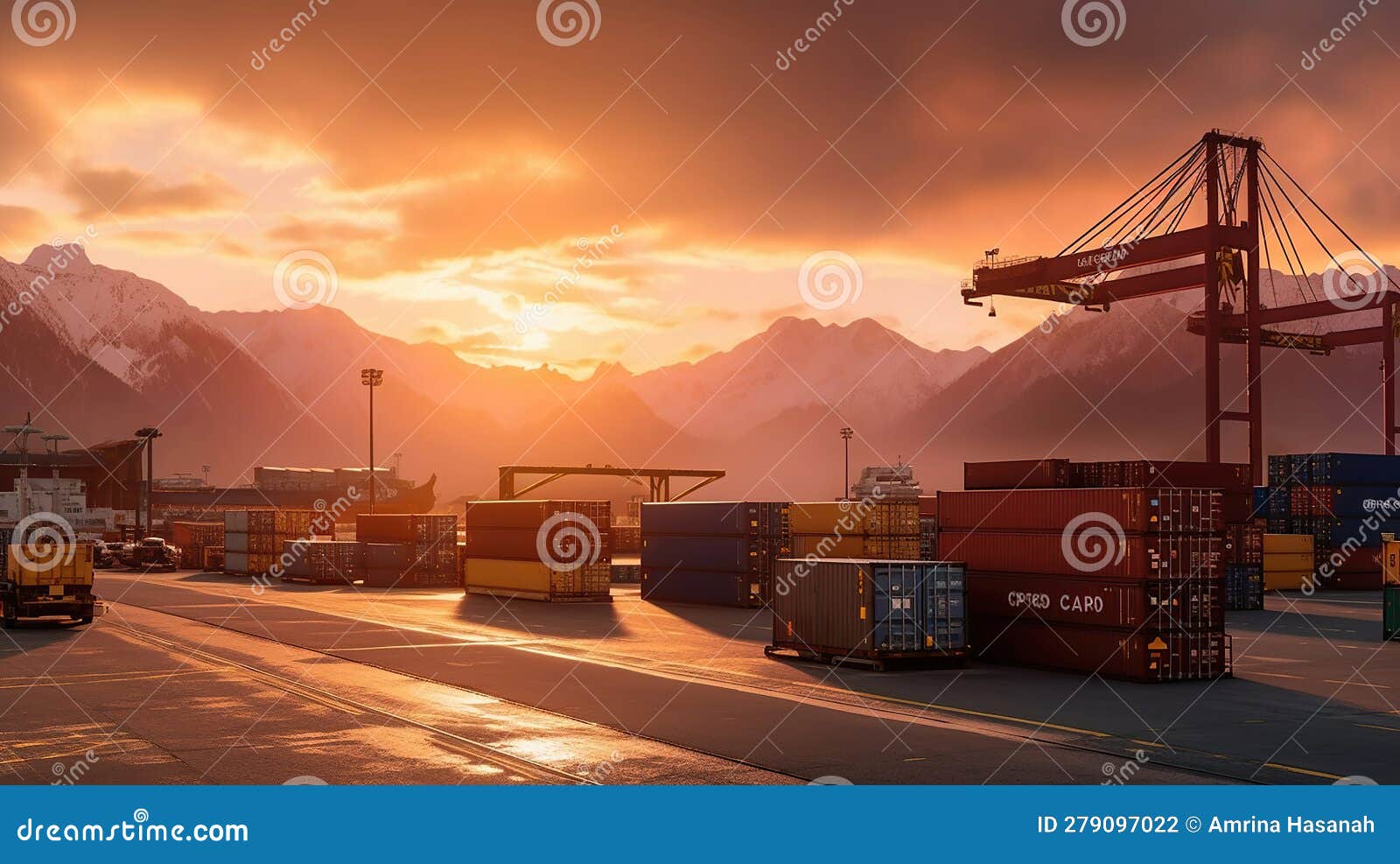 Container Terminal in the Port at Sunrise. Generative Ai Stock ...