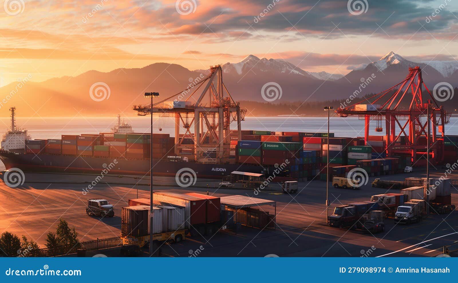 Container Terminal in the Port at Sunrise. Generative Ai Stock Photo ...