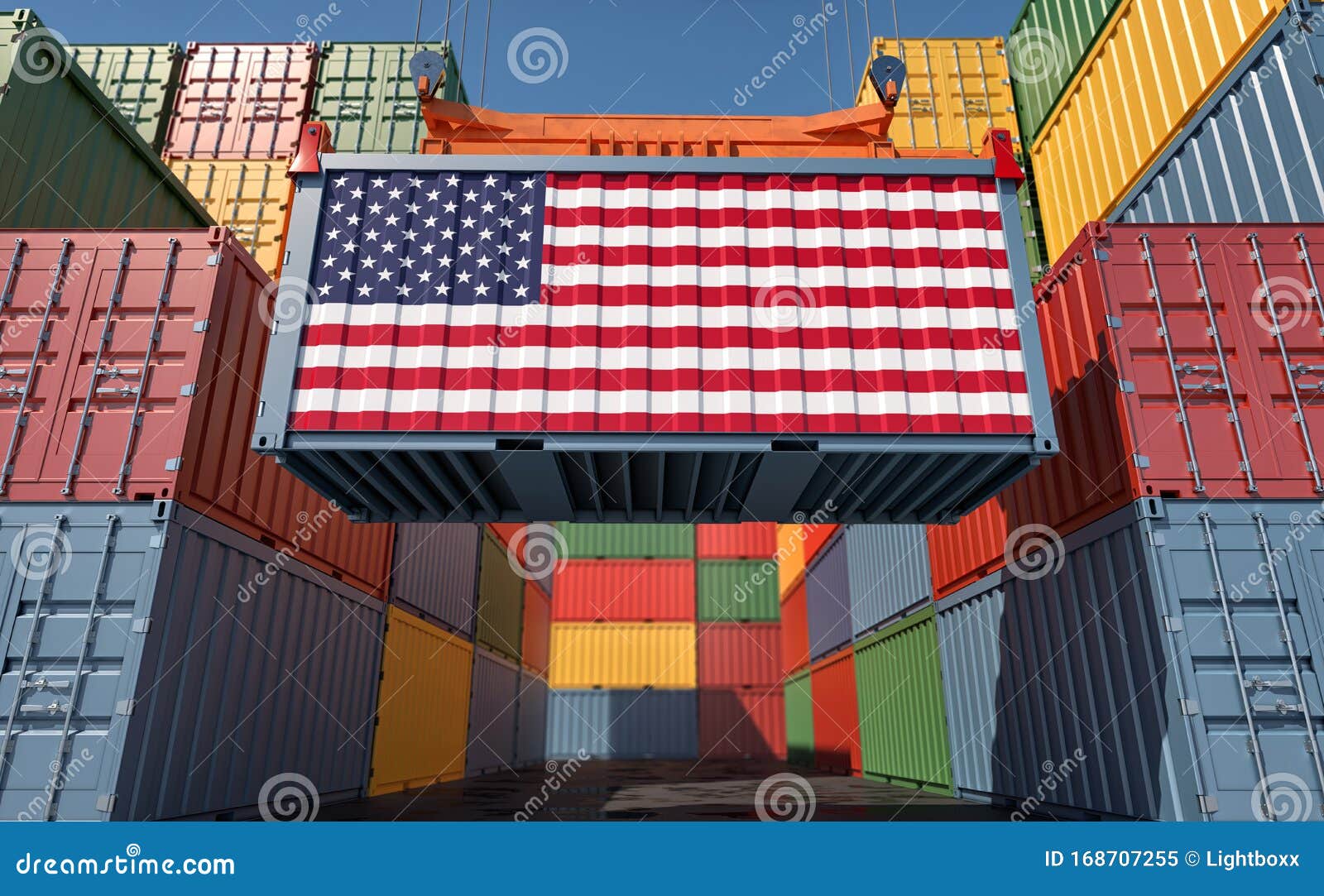 Container Terminal - Shipping Container with USA Flag. Stock ...