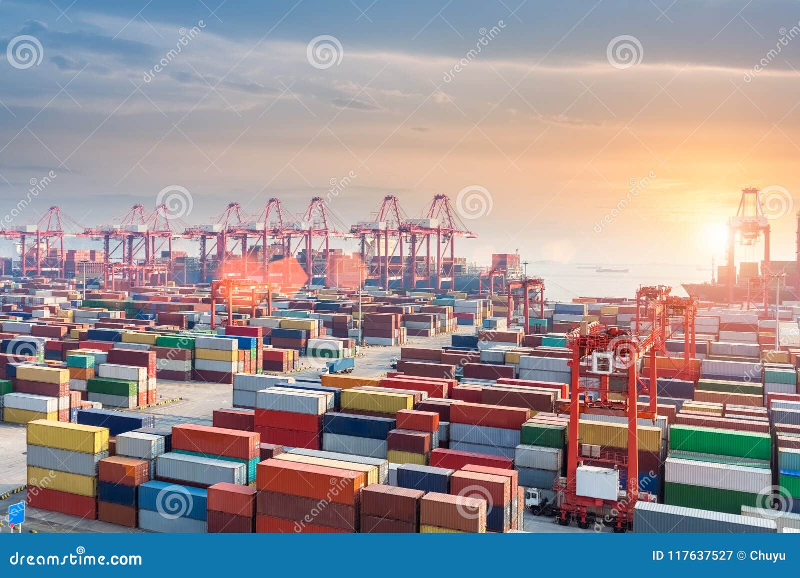Container Terminal in Sunset Stock Image - Image of export, background ...