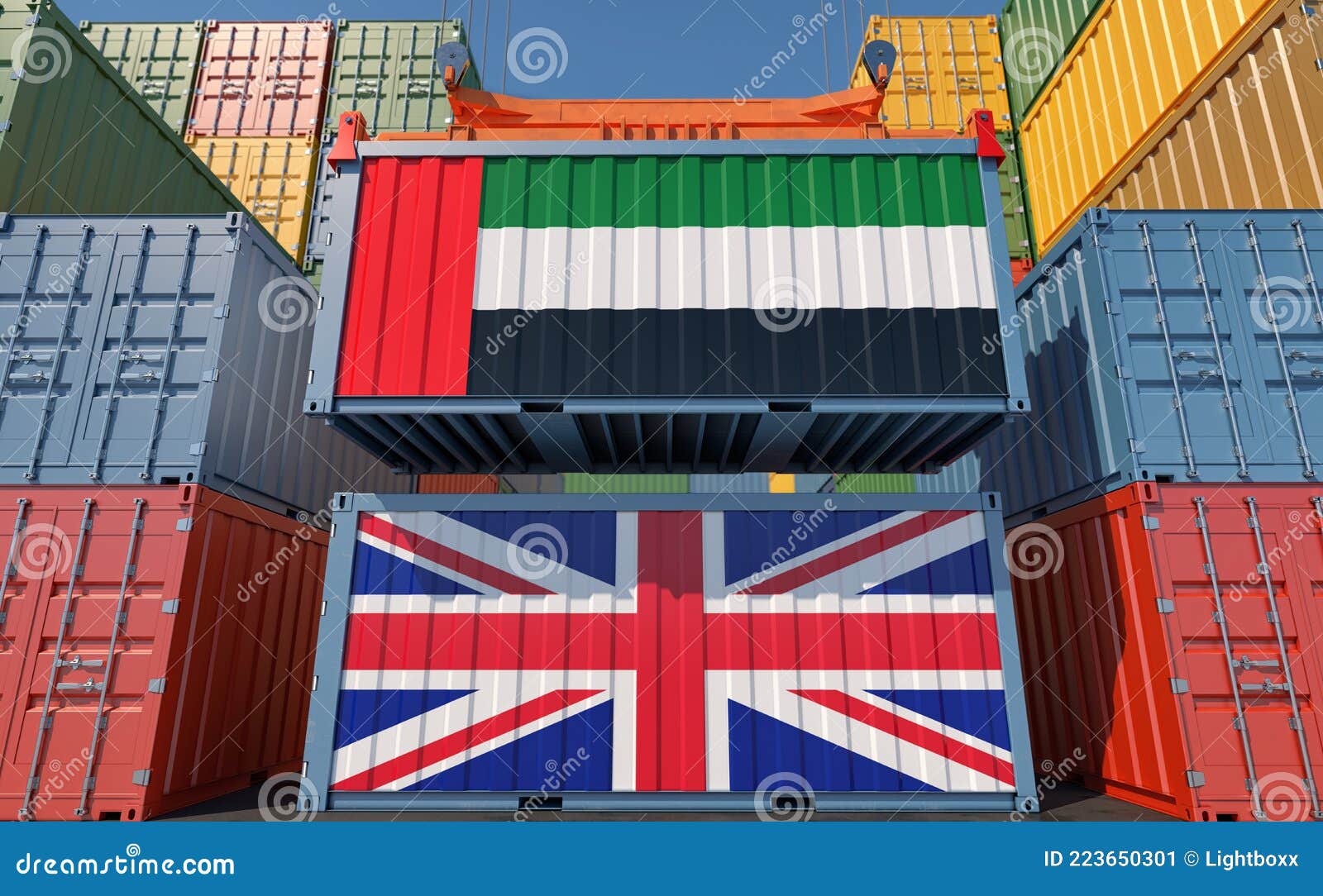Container Terminal. Two Cargo Container with United Kingdom and United ...