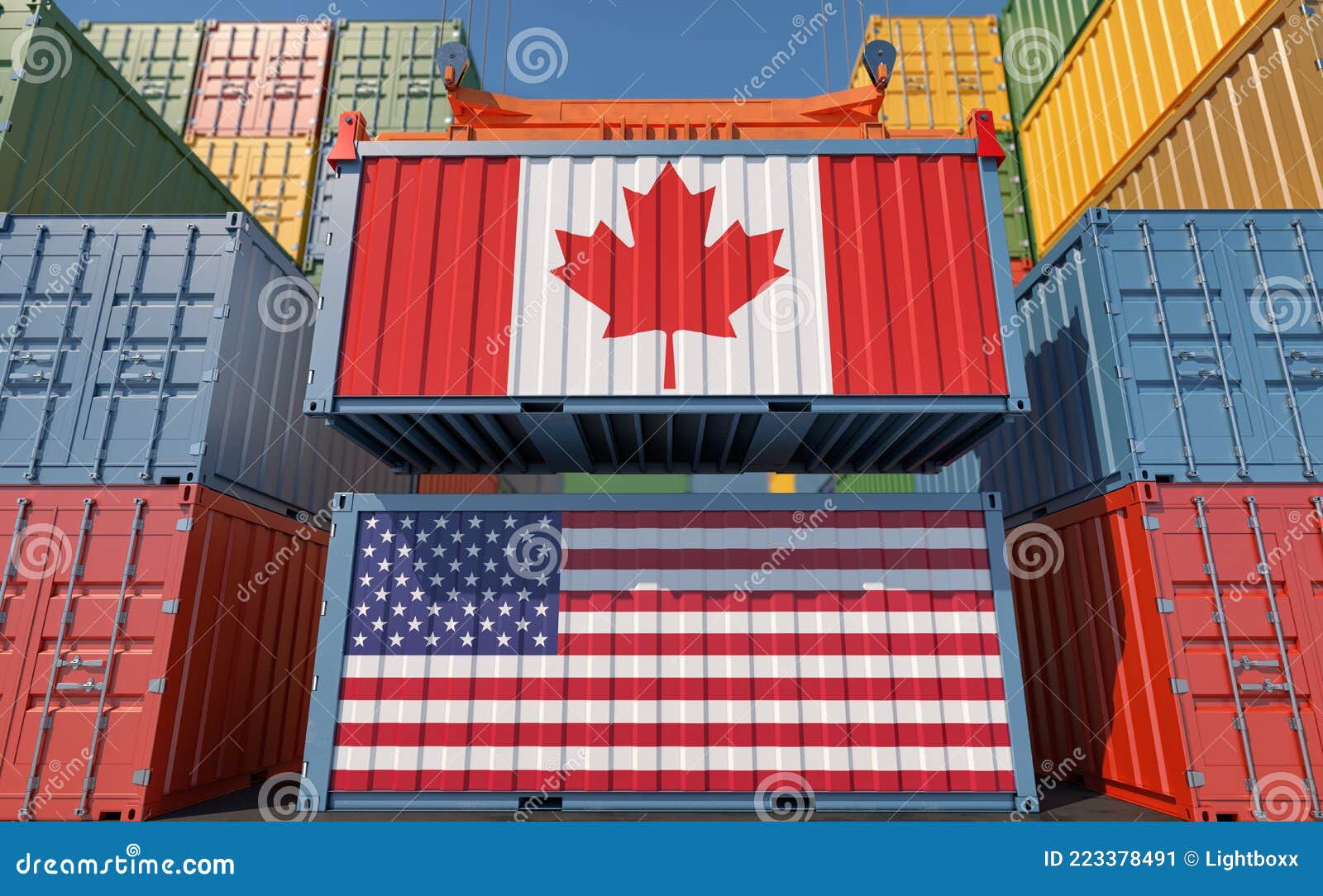 Container Terminal. Two Cargo Container with USA and Canada Flags Stock ...