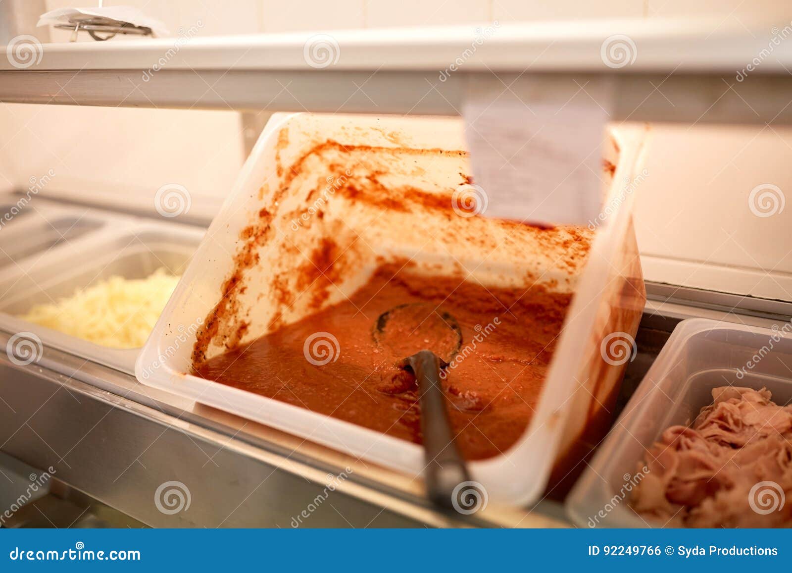 Container with Tomato Sauce at Restaurant Kitchen Stock Photo - Image ...