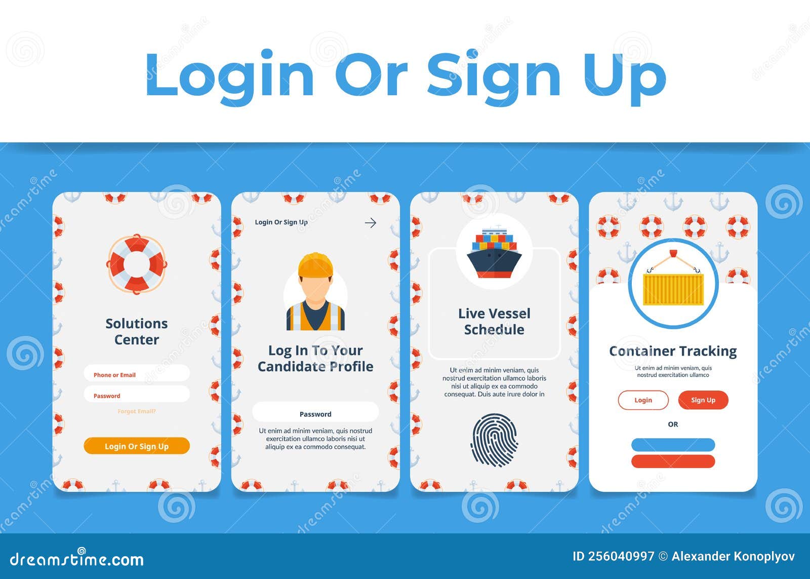 Container Tracking Log in Sign Up Mobile App Page Set Vector ...