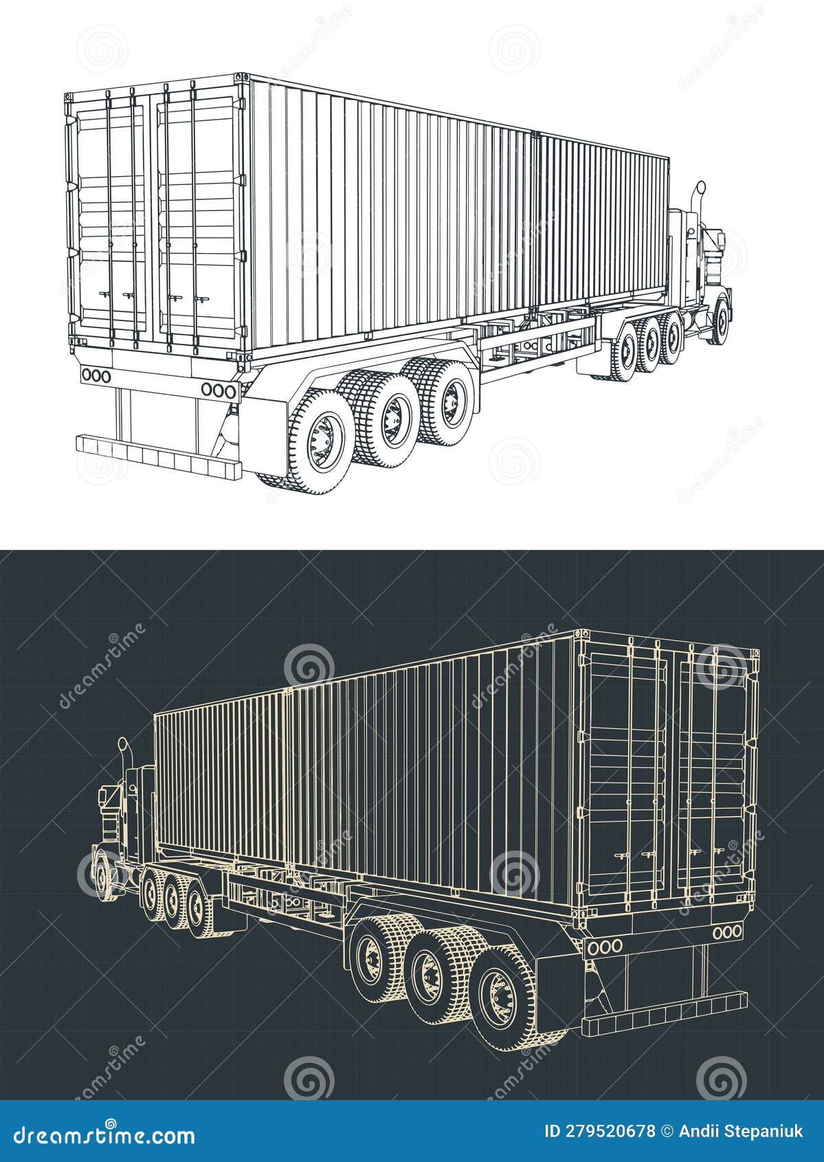 Tri-axle Container Trailer Blueprints Vector Illustration ...