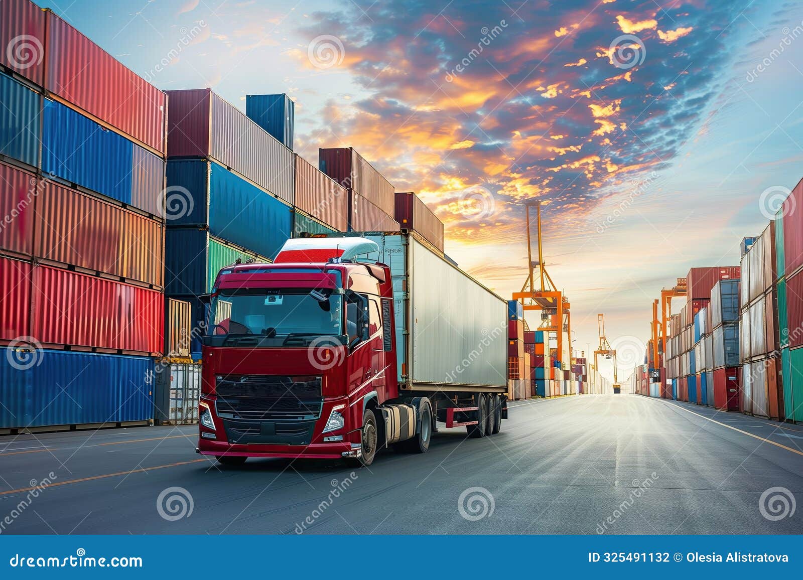Container Truck with Cargo Container on the Road at Sunset Sky ...