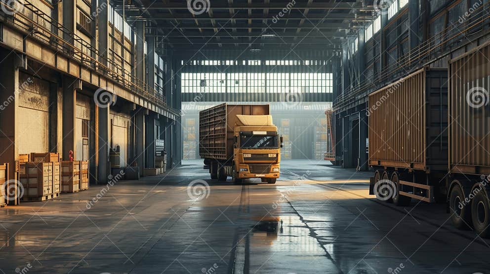 Container Truck Parked Loading Package Boxes at Dock Warehouse. Cargo ...
