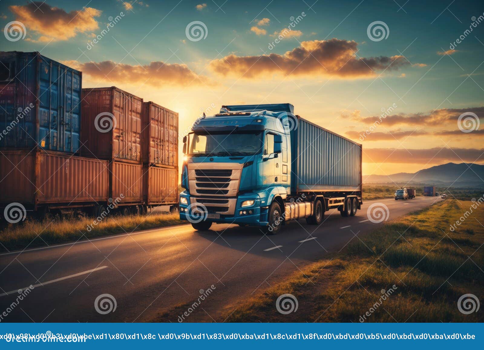 Container Truck Run on Highway Road at Sunset. Ai Generative Stock ...