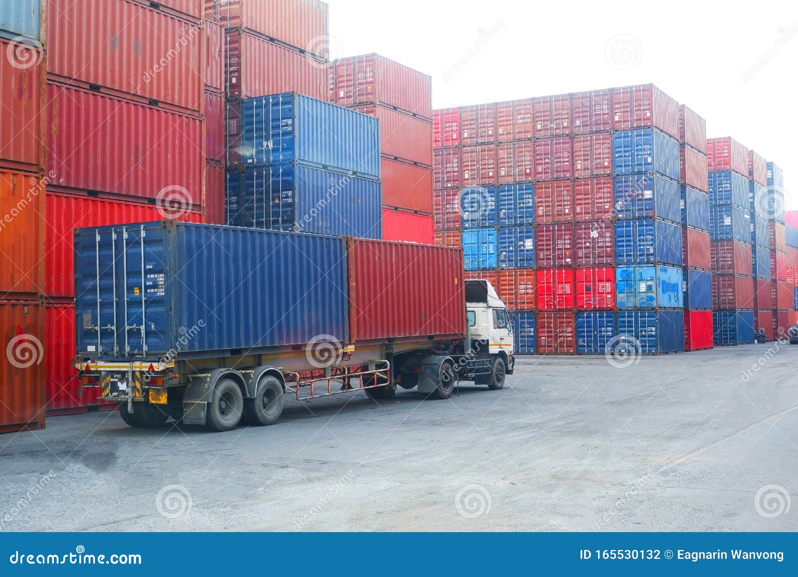 Container Trucks Parked Loading At Dock Warehouse. Delivery Truck ...