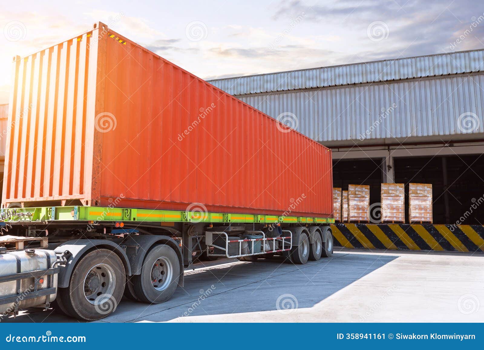 Container Trucks Loading at Warehouse Dock. Bulk of Package Boxes To Be ...