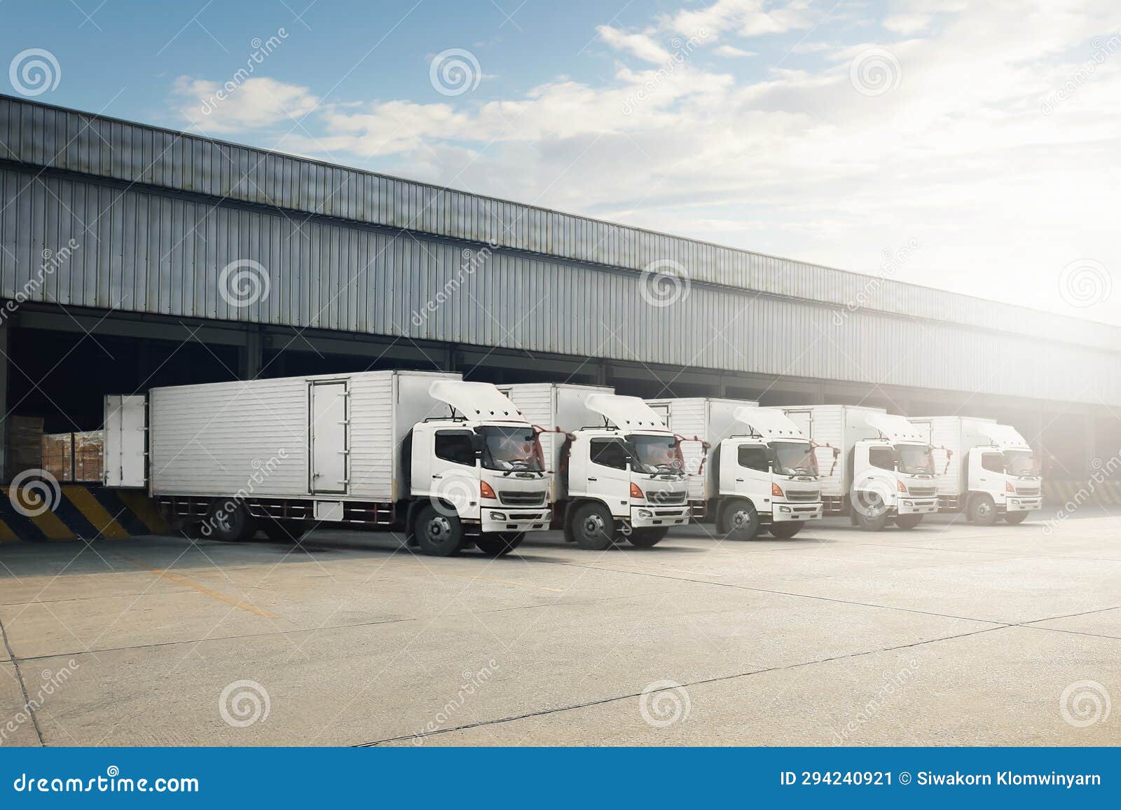 Container Trucks Parked Loading At Dock Warehouse. Delivery Truck ...