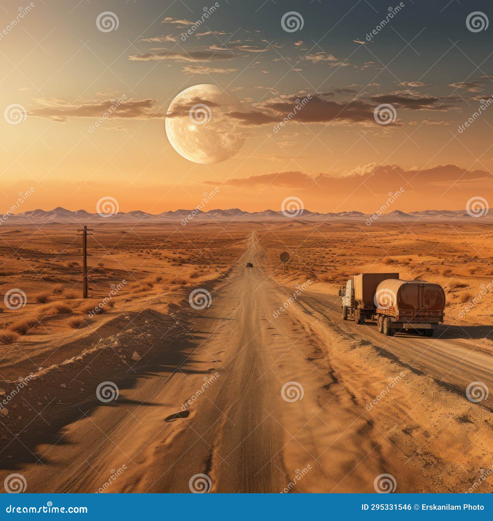 Container Trucks Run on Barren Sandy Roads with Planets in the Sky As a ...