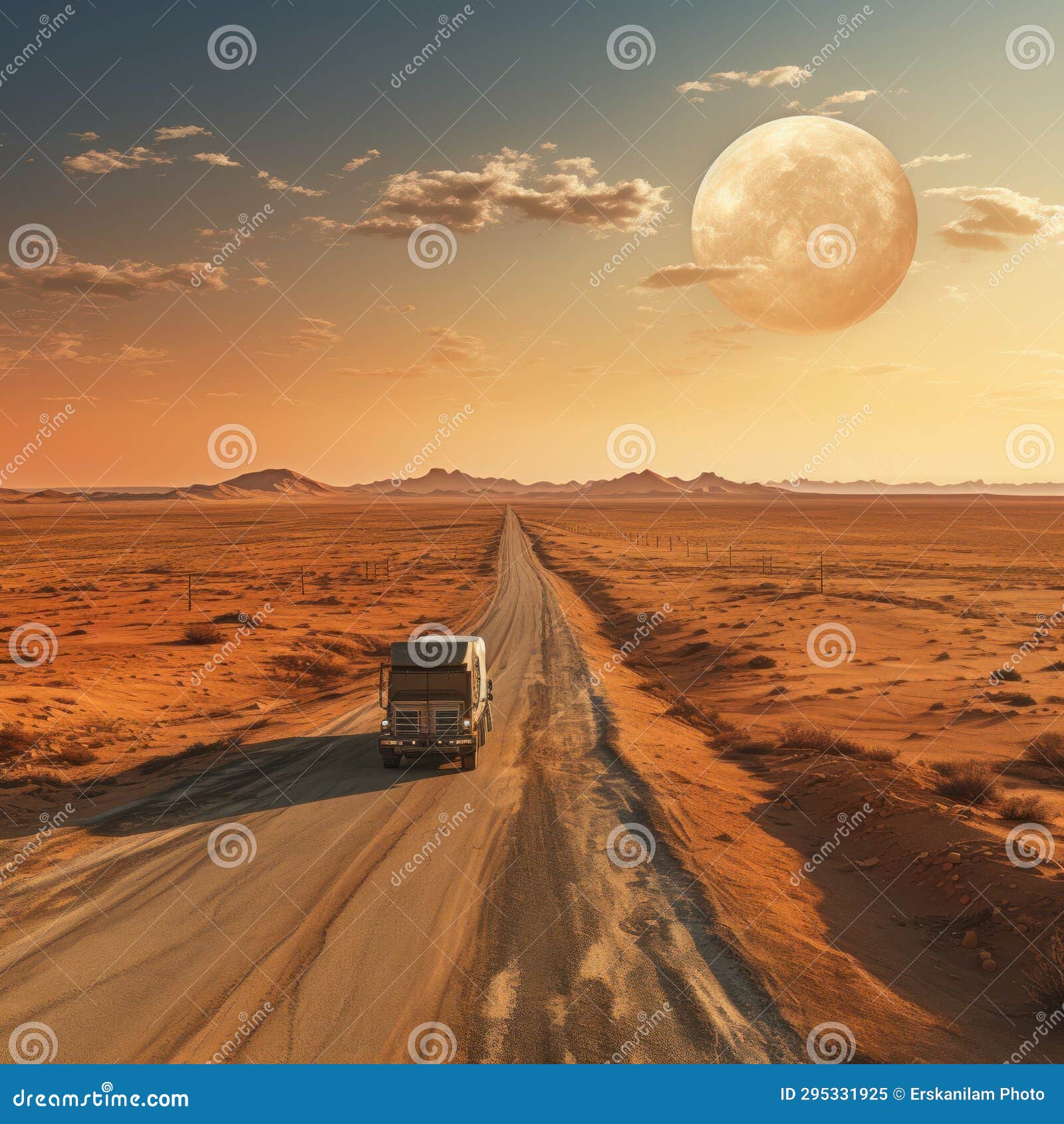 Container Trucks Run on Barren Sandy Roads with Planets in the Sky As a ...
