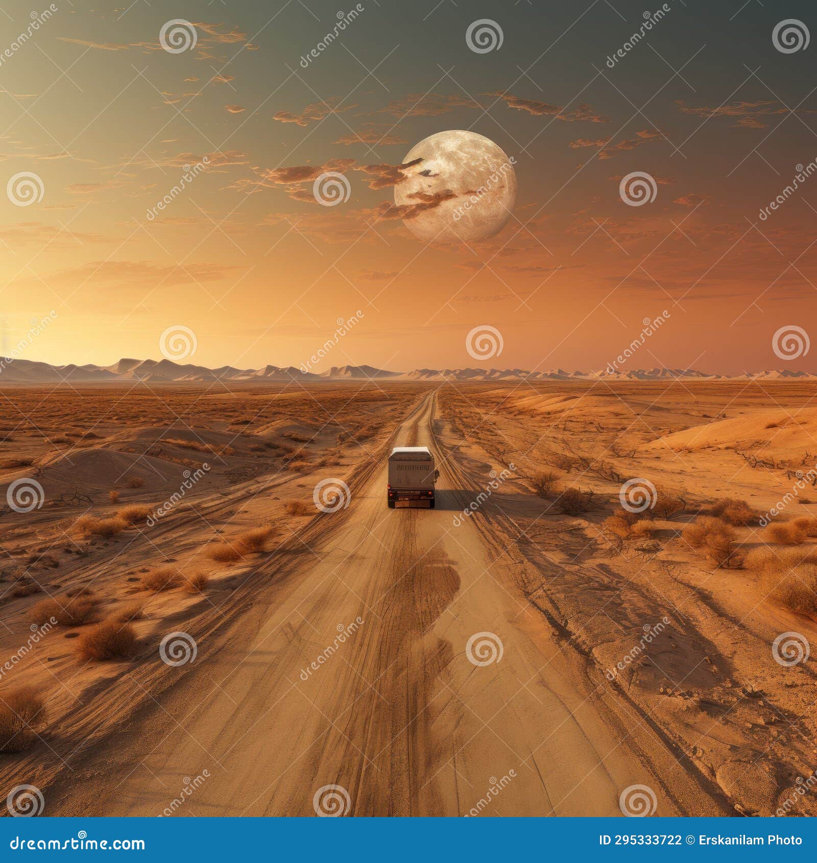 Container Trucks Run on Barren Sandy Roads with Planets in the Sky As a ...