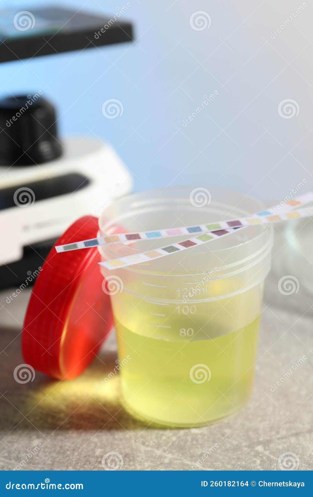 Container with Urine Sample for Analysis and Test Strips on Grey Table ...