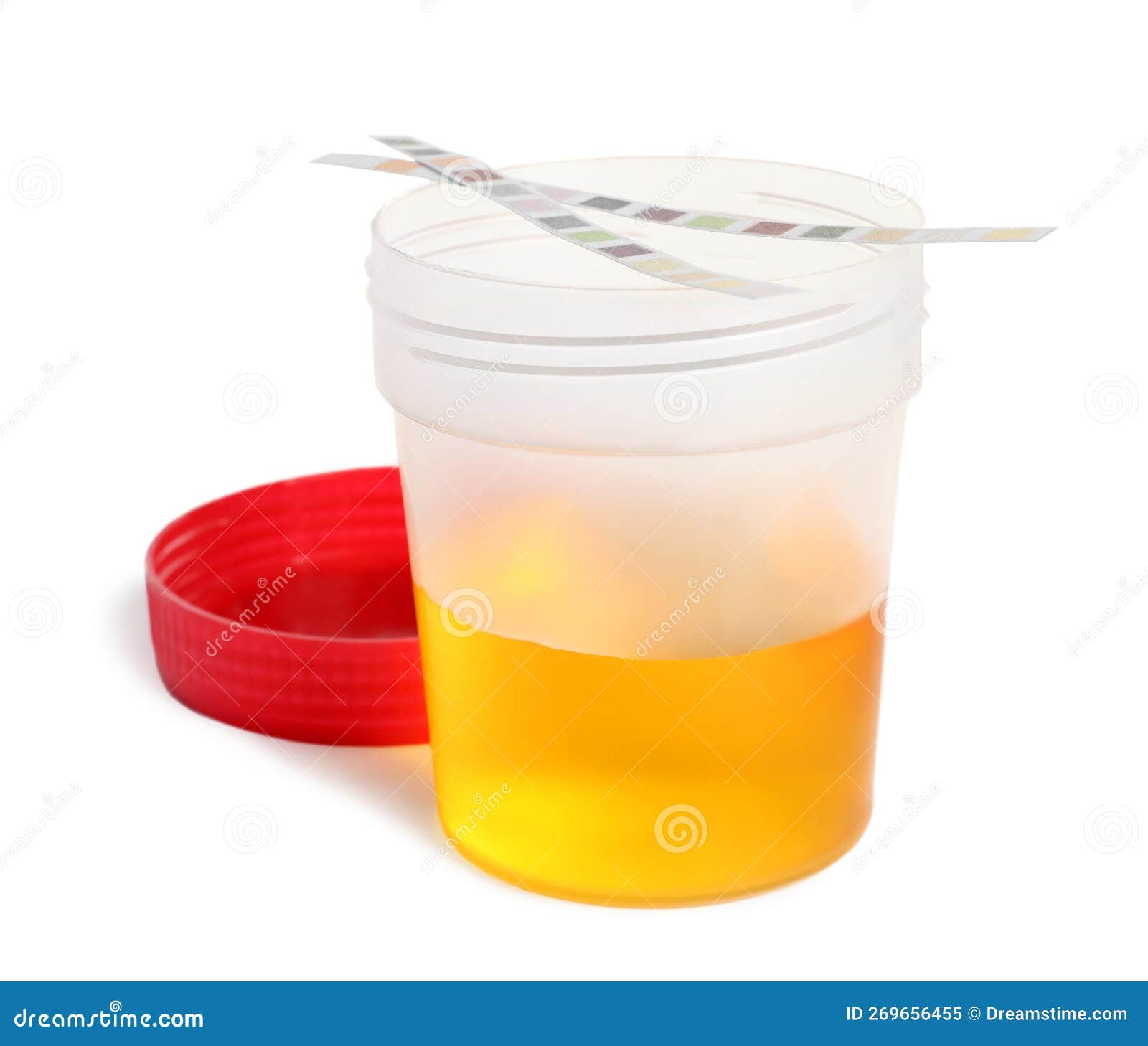 Container with Urine Sample for Analysis and Test Strips on White ...