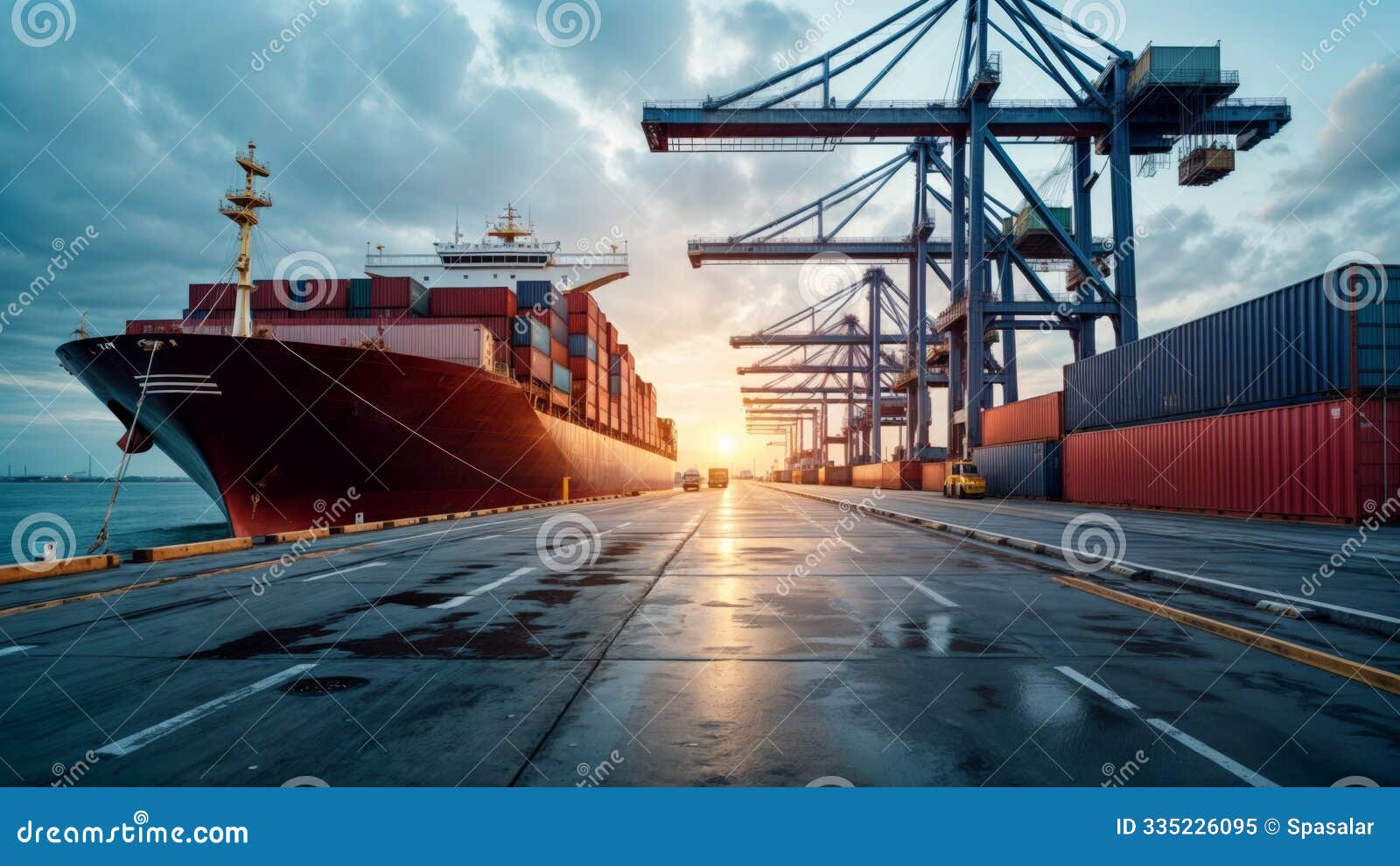 Harbor Scene with Cargo Ship Docked at a Pier and Cranes Loading ...