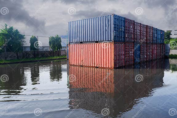 Container Yard Flooded, Background is Raining Stock Photo - Image of ...