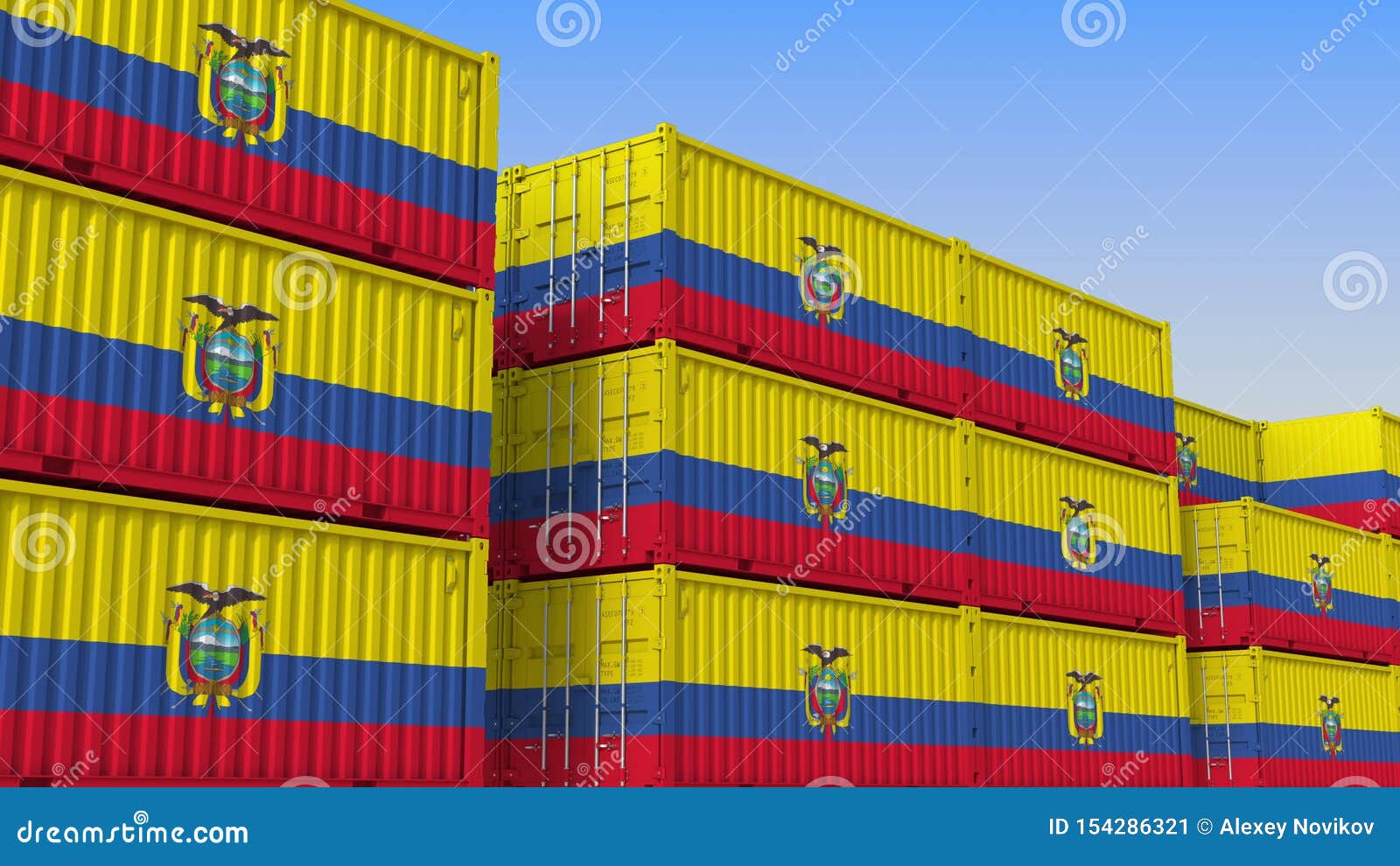 Container Yard Full of Containers with Flag of Ecuador. Ecuadorian ...