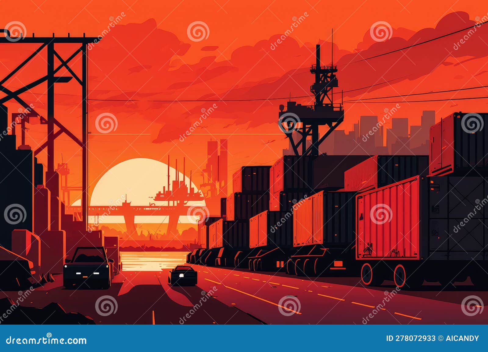 Container Yard at Sunset with Warm Lightning and Sun Particles Stock ...