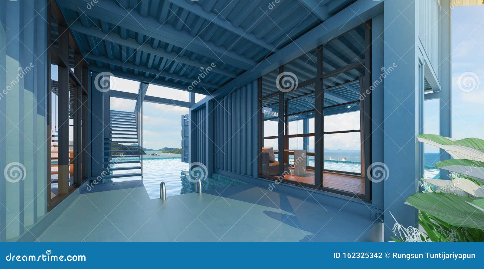 Containerhaus mit Pool stock abbildung. Illustration von übertragung ...