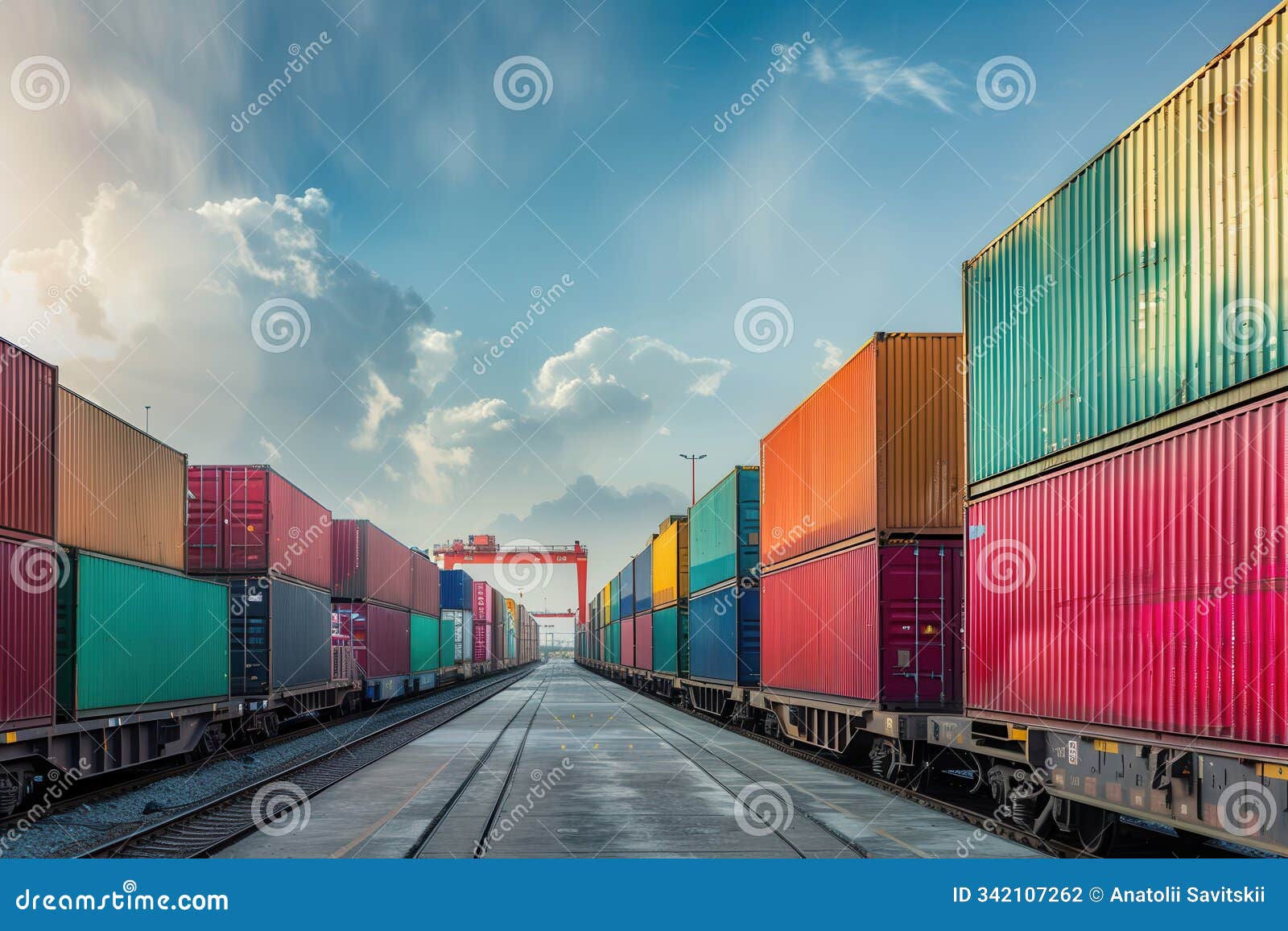 Containers are Being Efficiently Loaded Onto a Train in a Freight Yard ...