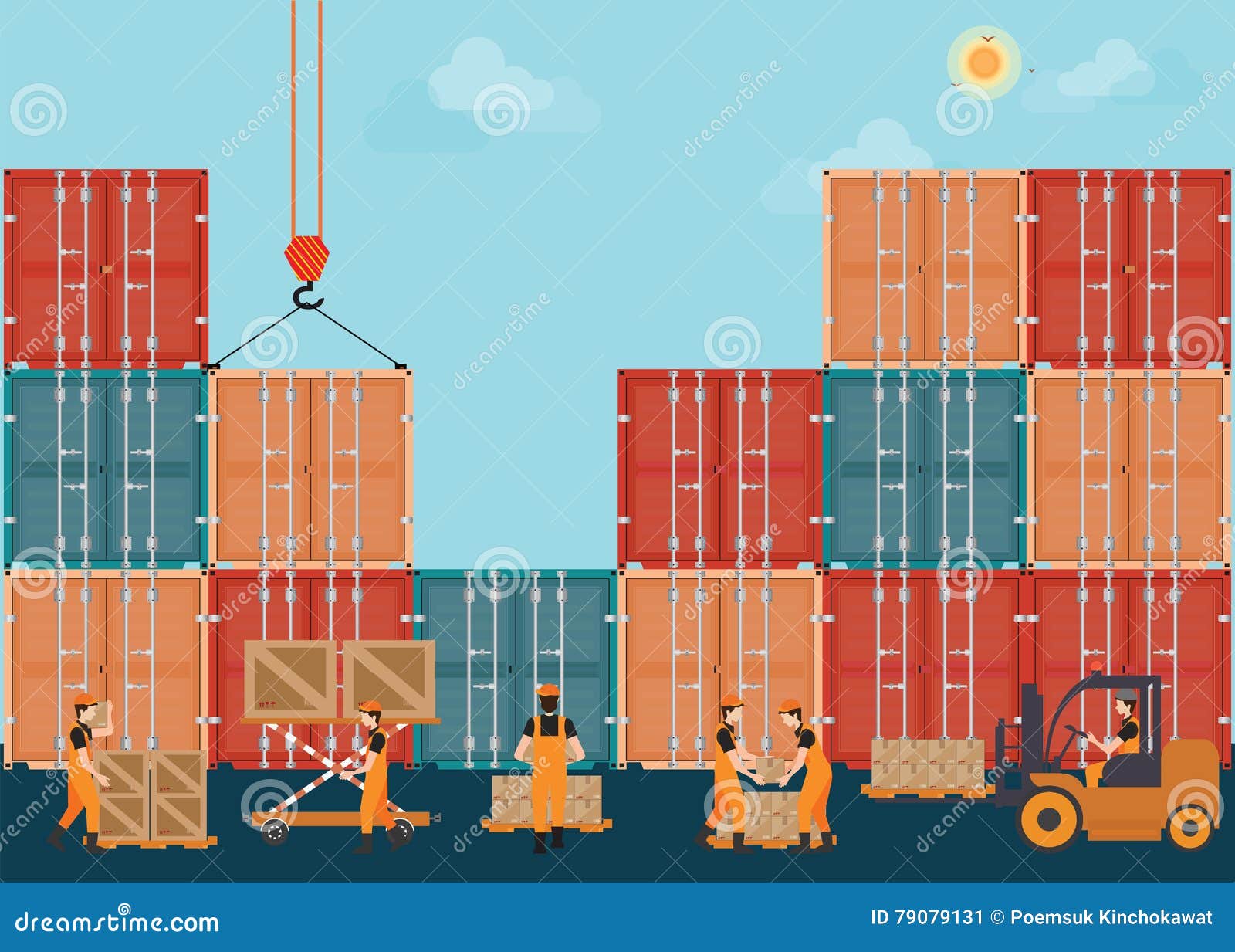 Containers with Crain and Workers Working To Loading Boxes. Stock ...