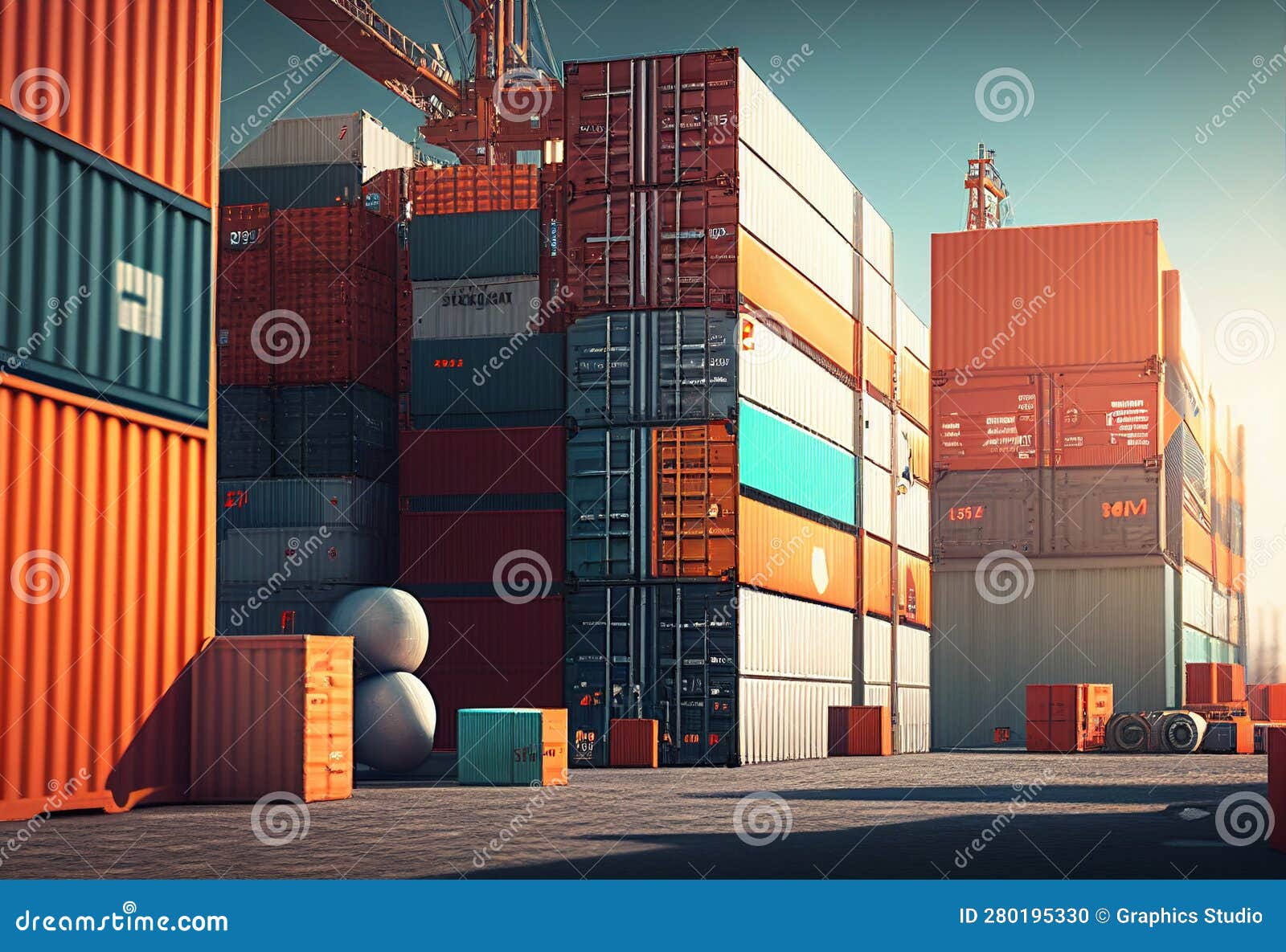 Containers and Cranes at the Docks. 3D Rendering Generative Ai Stock ...
