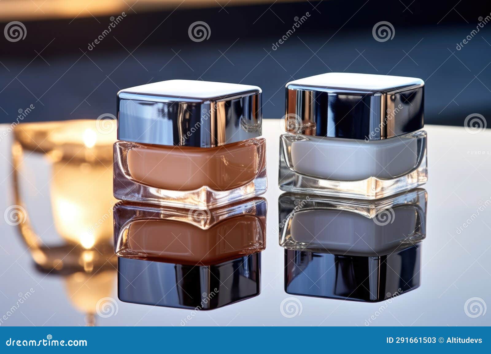 Containers of Day and Night Creams on a Mirrored Surface Stock Image ...