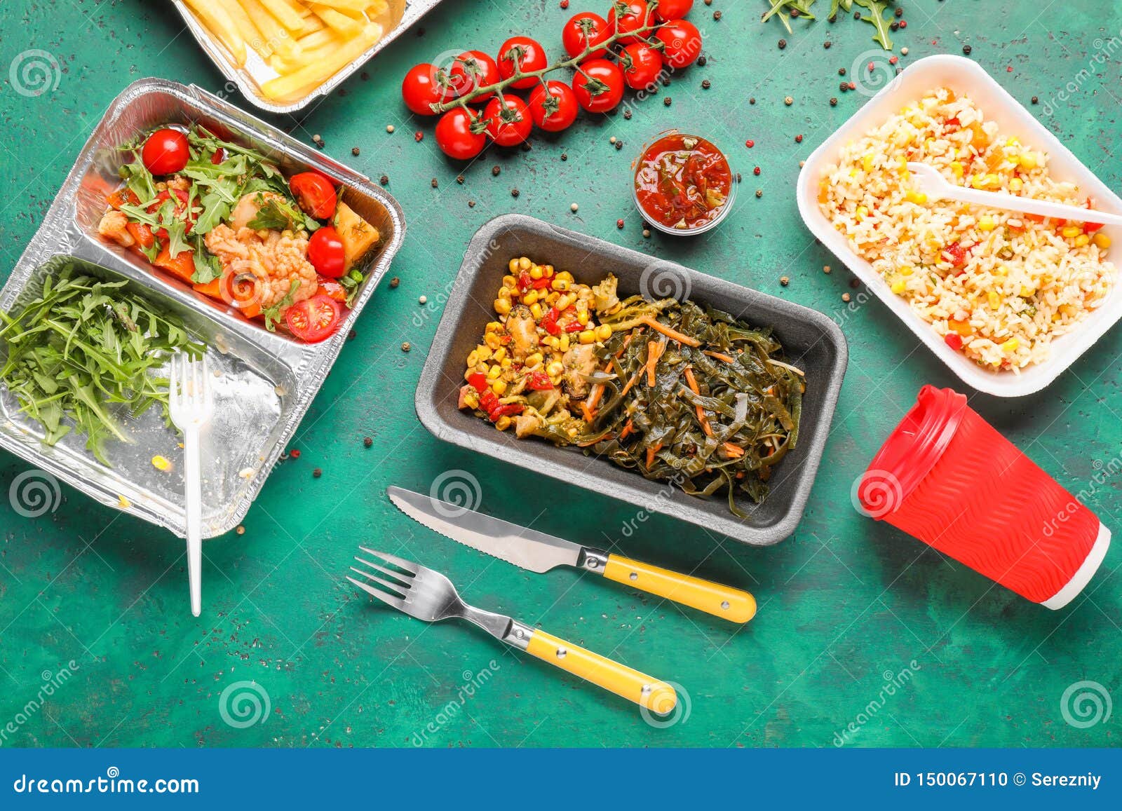 Containers with Different Products on Textured Table. Food Delivery ...
