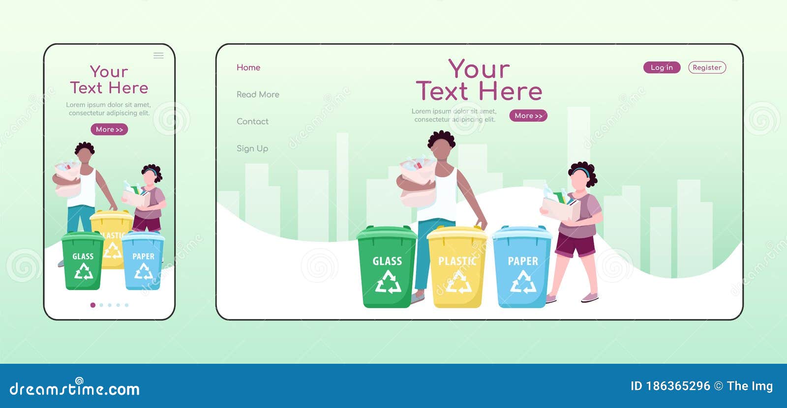 Containers for Garbage Sorting Adaptive Landing Page Flat Color Vector ...