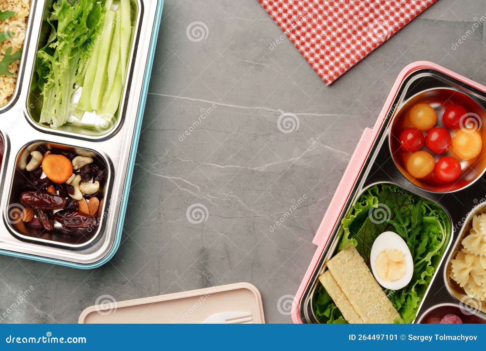 Containers with Healthy Food on Gray Background Top View. Stock Image ...