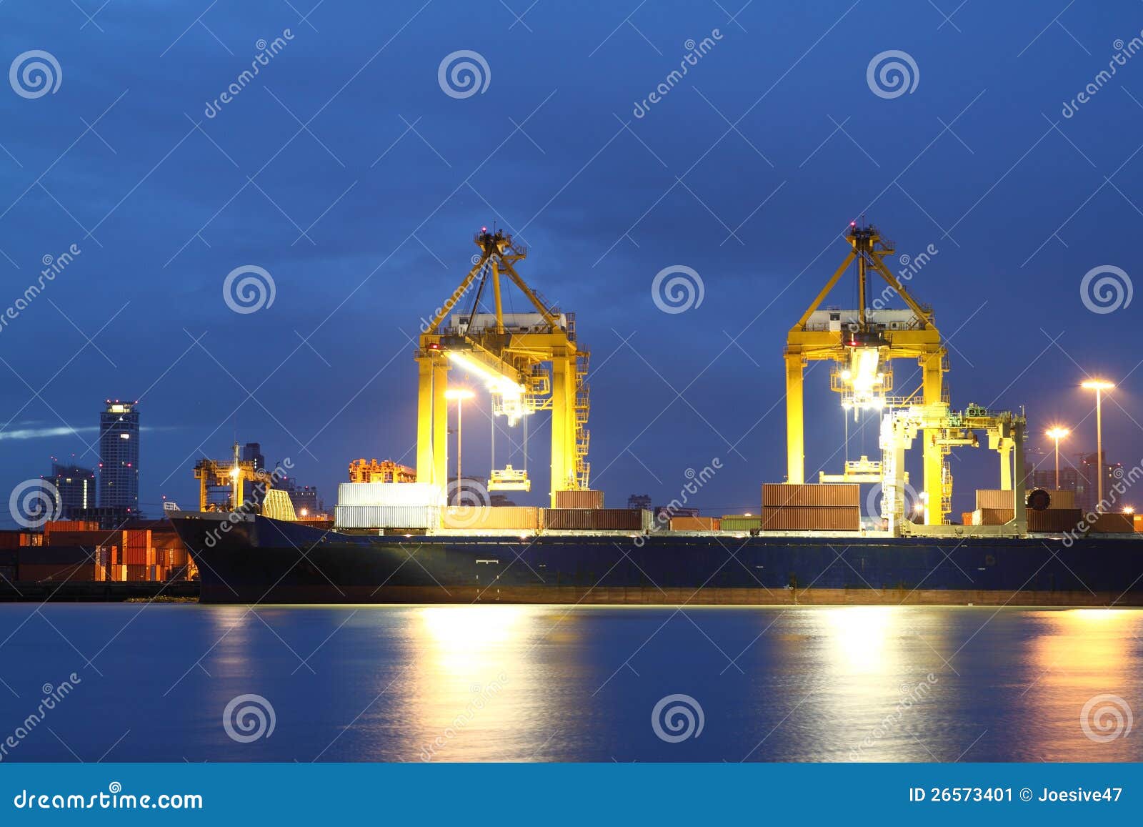 Containers Loading at Sea Trading Port at Twilight Stock Image - Image ...