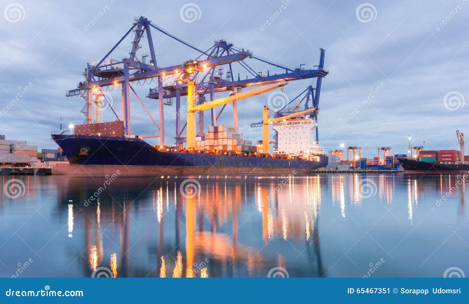 Containers Loading By Big Crane At Dark Sunset, Shipping Trade Port ...