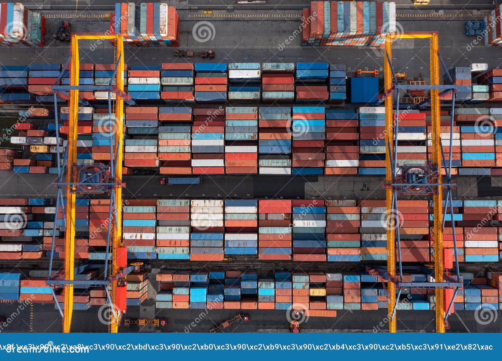 Containers Loading and Unloading at the Seaport. Top View of the ...