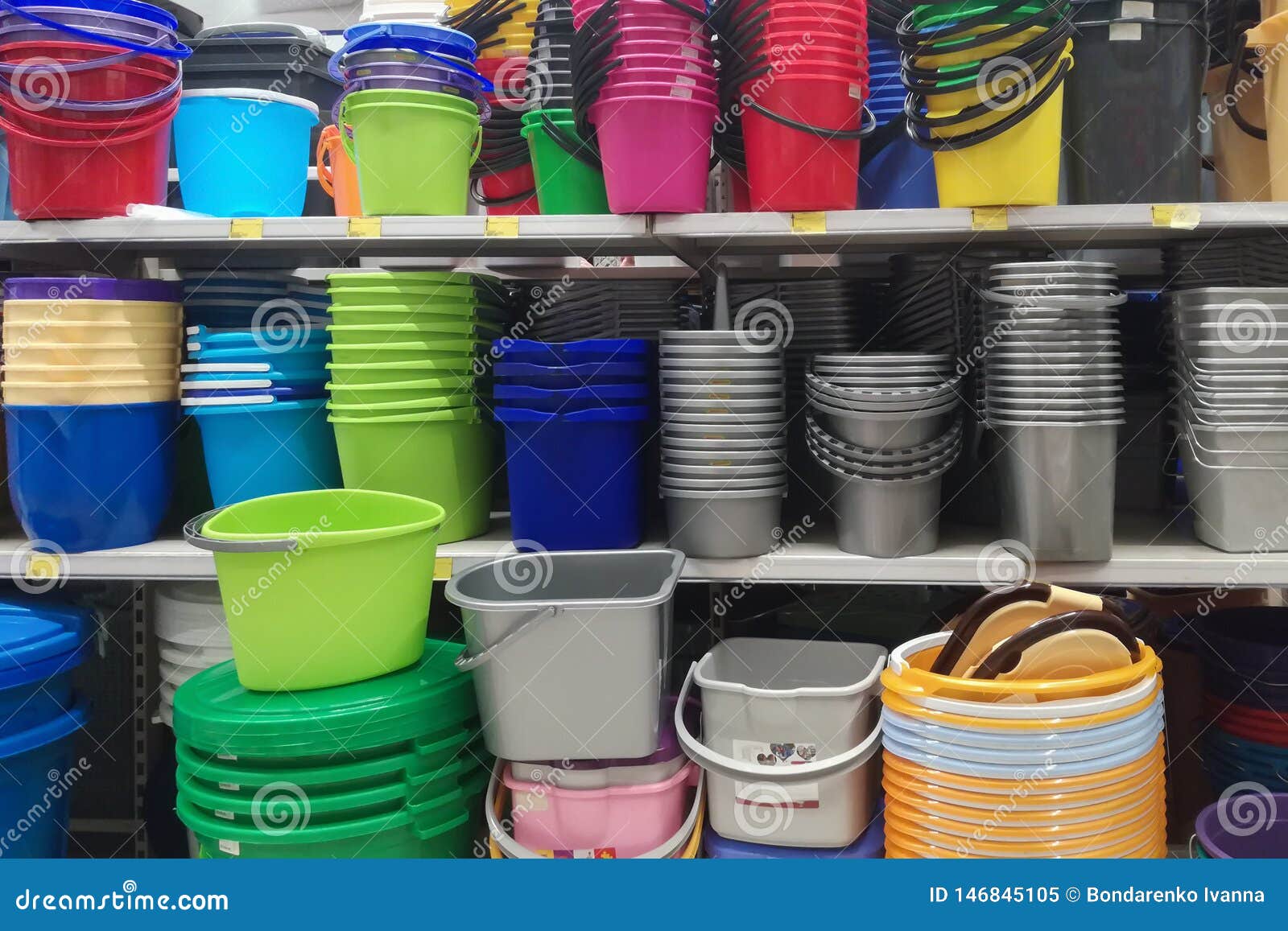 Containers Made of Plastics, Many Colors and Prices are Placed in the ...