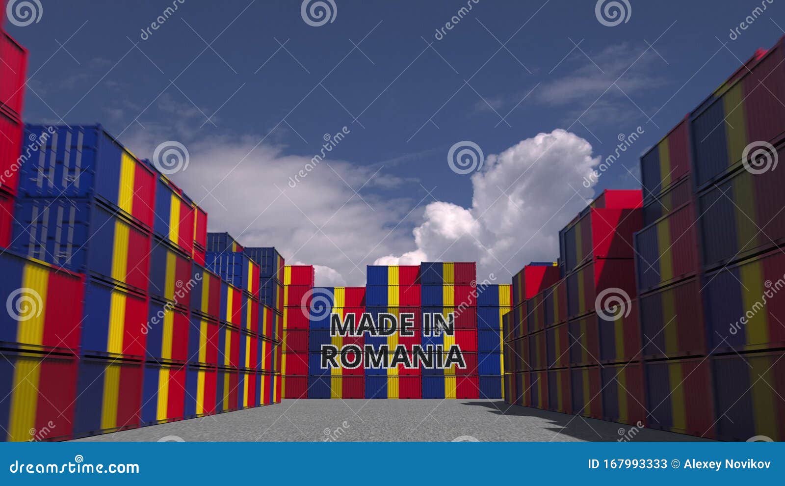 Containers with MADE in ROMANIA Text and National Flags. Romanian ...