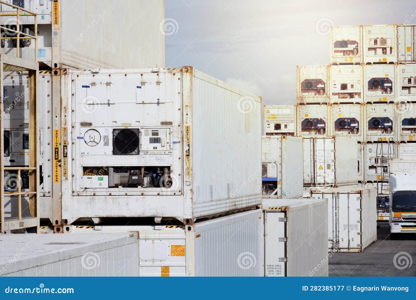 Containers, Refrigeration and Container Stacks Stock Image - Image of ...
