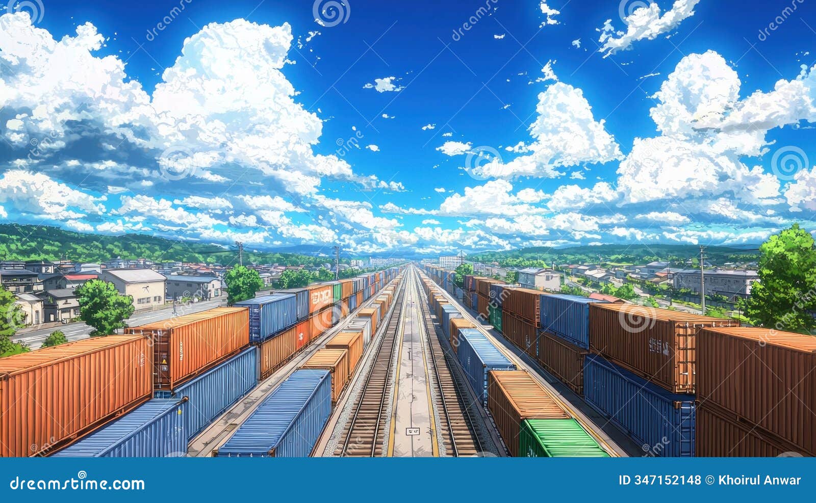 Containers on a Train Track a Bright Blue Sky and Clouds Above Stock ...