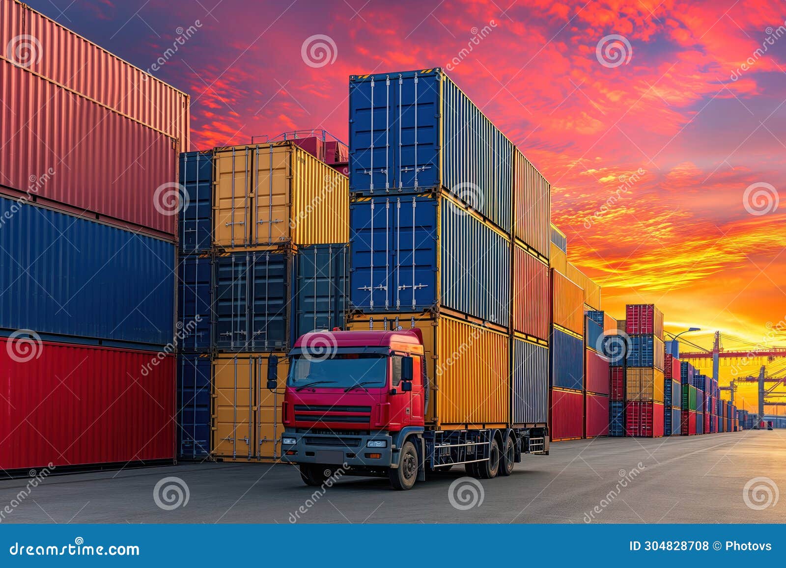 Containers are Transported by Trucks at Vessel Port Terminal Stock ...