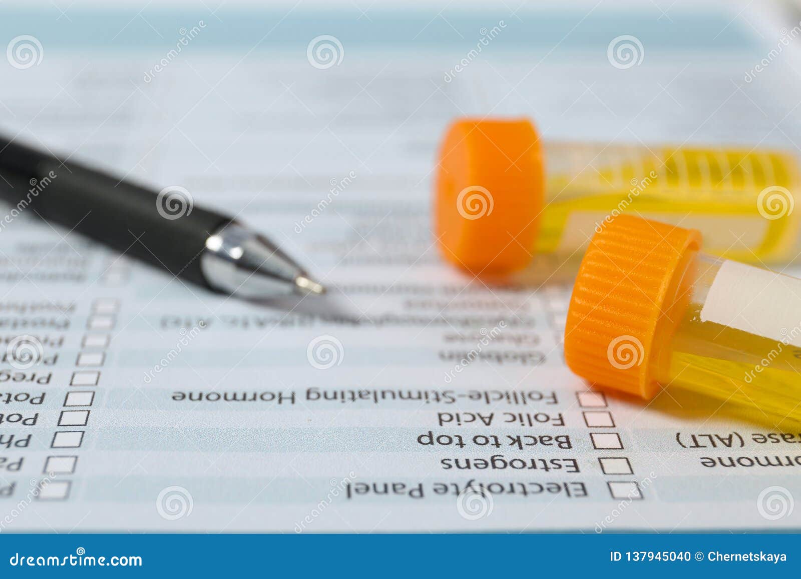 Containers with Urine Samples for Analysis on Medical Report, Closeup ...