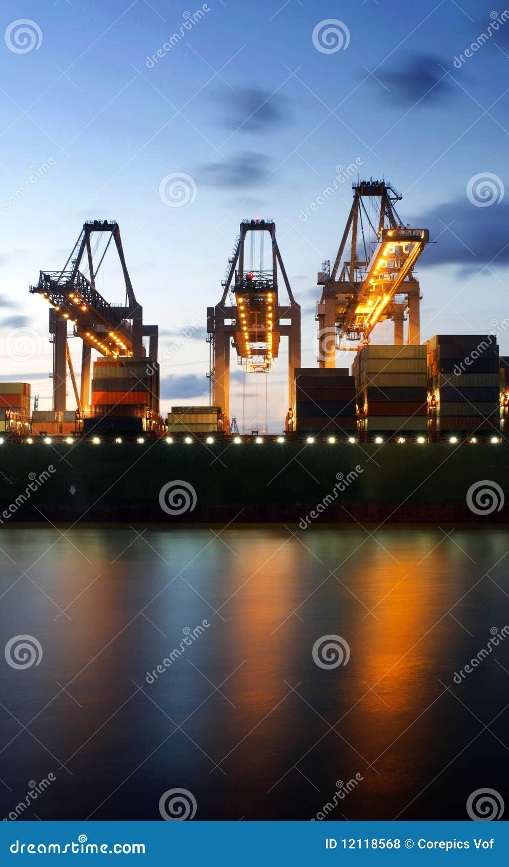Containership Being Unloaded Stock Photo - Image of twilight, vessel ...