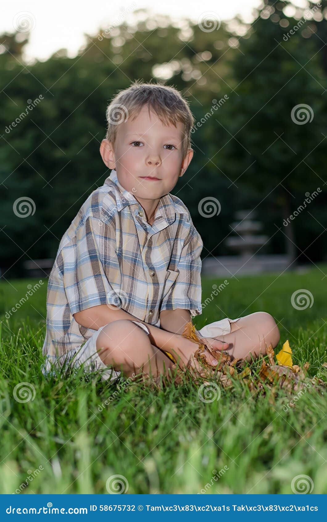 Contemplative boy stock photo. Image of nature, checkered - 58675732