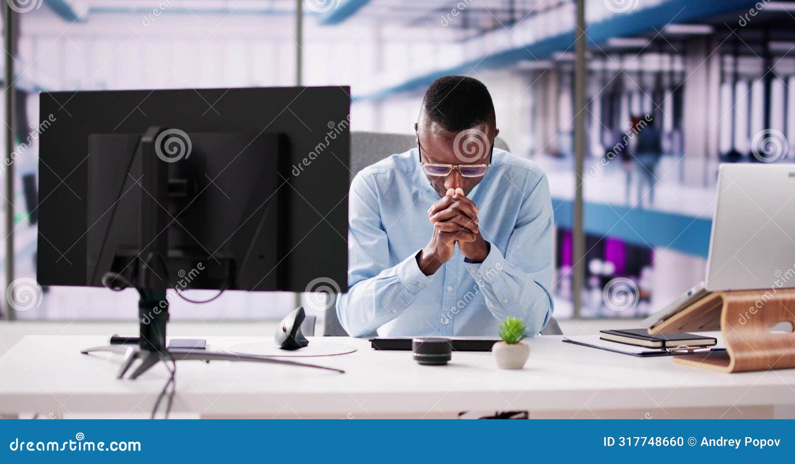 Contemplative Business Man at Desk Stock Photo - Image of pondering ...
