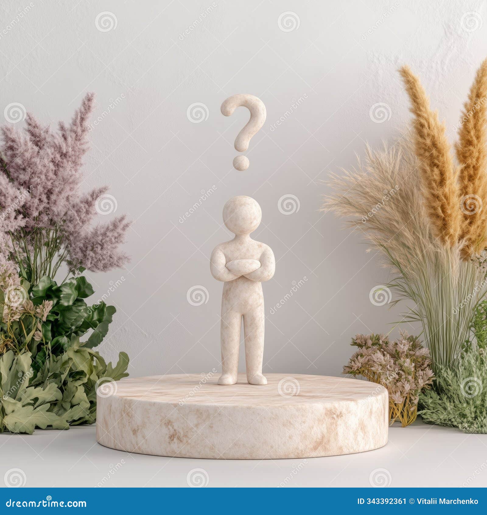 Contemplative Figure with Question Mark Amidst Nature-inspired Decor ...